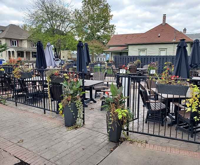The patio offers fresh air dining with umbrellas ready, because Ohio weather keeps you guessing.