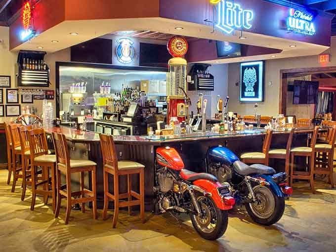 The bar features motorcycles as decor, proving that some design choices are just objectively cooler than others could ever be.