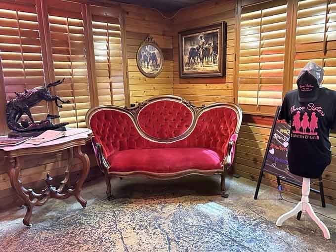 Red velvet seating in the lobby adds Victorian elegance to Western grit, a combination that surprisingly works beautifully.