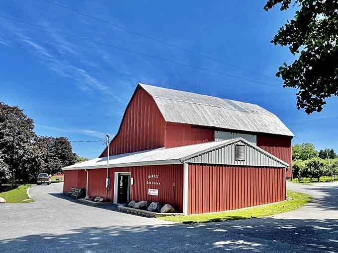 Pryor's Orchards barn stands proud in red, promising the kind of fresh produce that actually tastes like something.