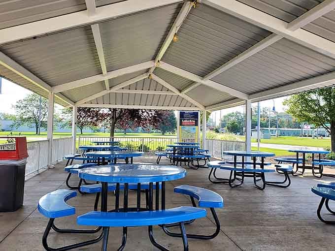 The covered outdoor pavilion provides shaded seating where you can enjoy your treat while watching the world pass.
