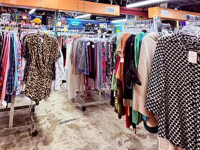 Clothing racks stretching toward the horizon like a fashionista's fever dream on a budget.