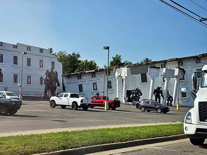 The full scope of this architectural madness becomes clear from across the street, defying expectations.