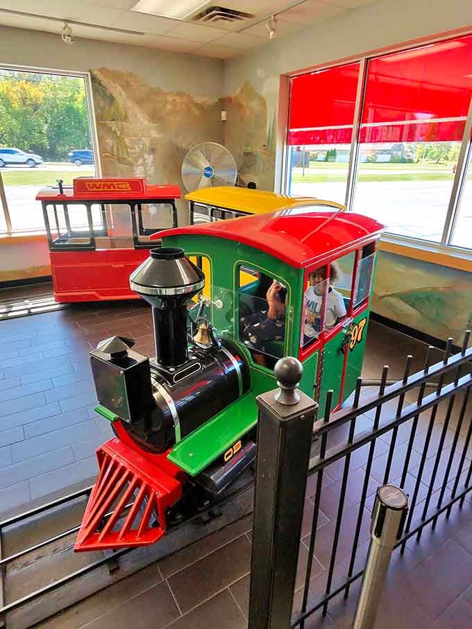 Kids can actually ride this miniature train, making it the ultimate dinner and entertainment combo.