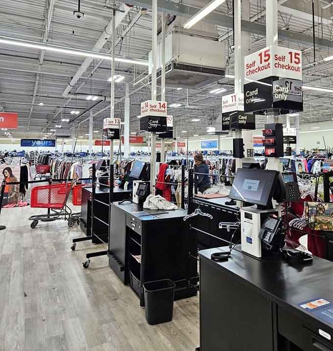 Self-checkout stations standing ready to process your haul of treasures without judgment about quantity or eclectic taste choices.