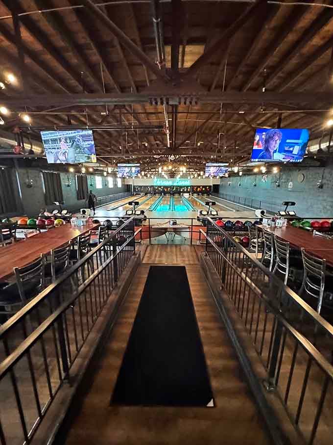 The elevated view shows the full scope of this retro paradise where strikes happen and memories multiply.