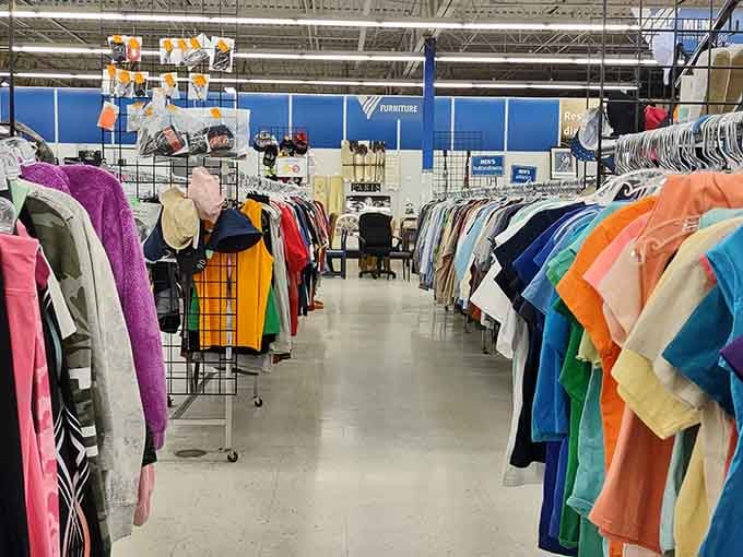 Clothing racks that seem to multiply the longer you look, which explains why hours vanish here.