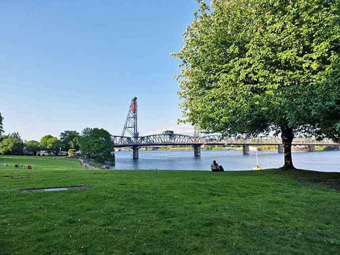 Someone's found the ultimate thinking spot under that massive tree, solving life's mysteries one river view at a time.