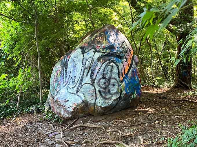 This paint-splattered boulder sits like a giant Easter egg hidden in the forest, waiting for hikers to discover its colorful surprise.