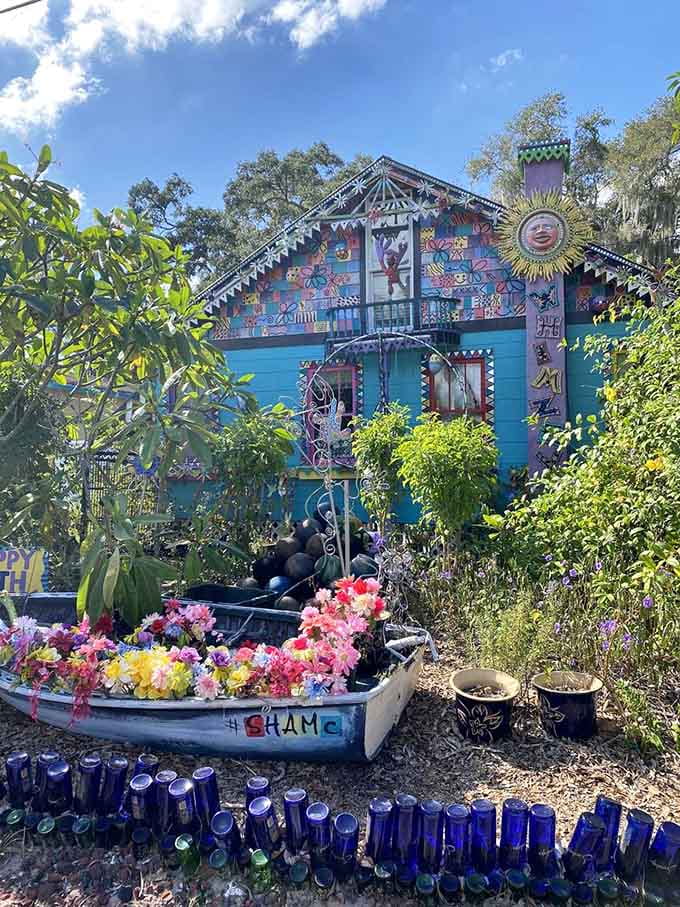 A boat filled with flowers instead of fish, because sometimes the best catch is pure, unapologetic whimsy and joy.