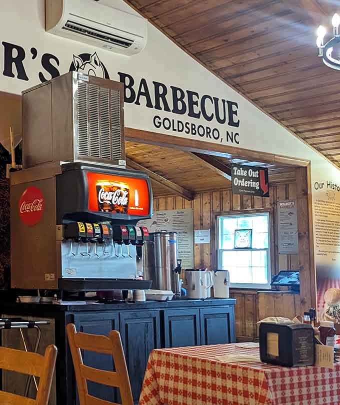 The beverage station stands ready because vinegar-based barbecue makes you thirsty in the very best way possible.