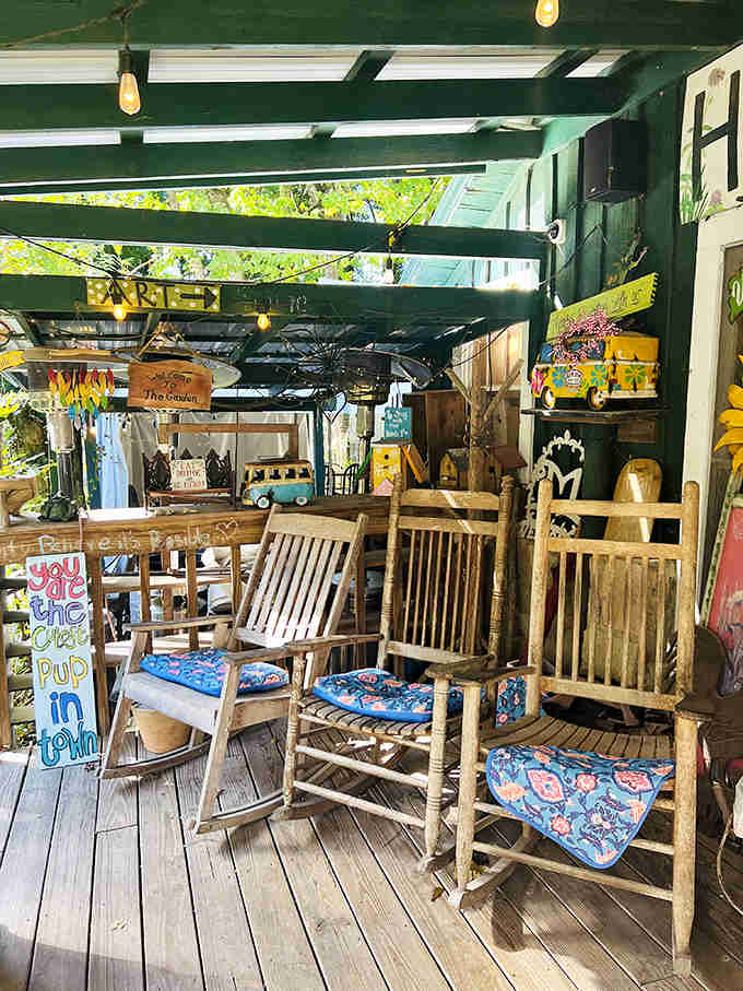 The porch offers rocking chairs and mountain breezes. Some folks come just to sit here with sweet tea.