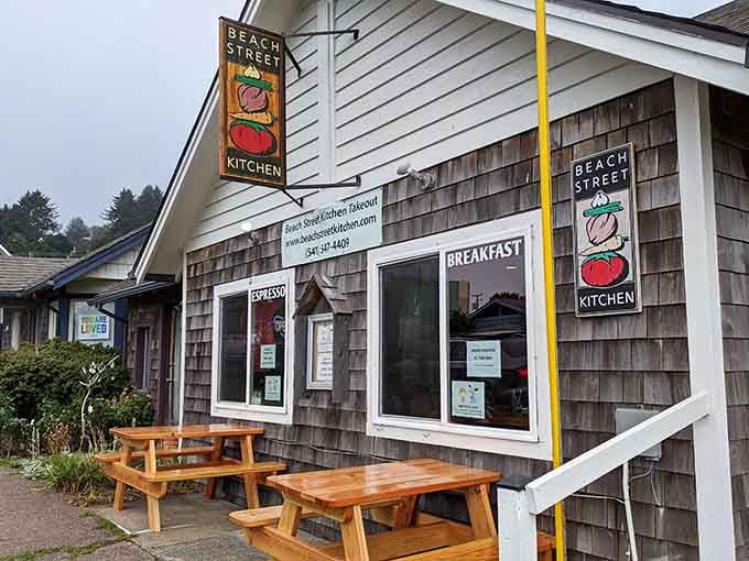 Beach Street Kitchen's weathered shingles and picnic tables promise the kind of breakfast that makes early mornings worthwhile and delicious.