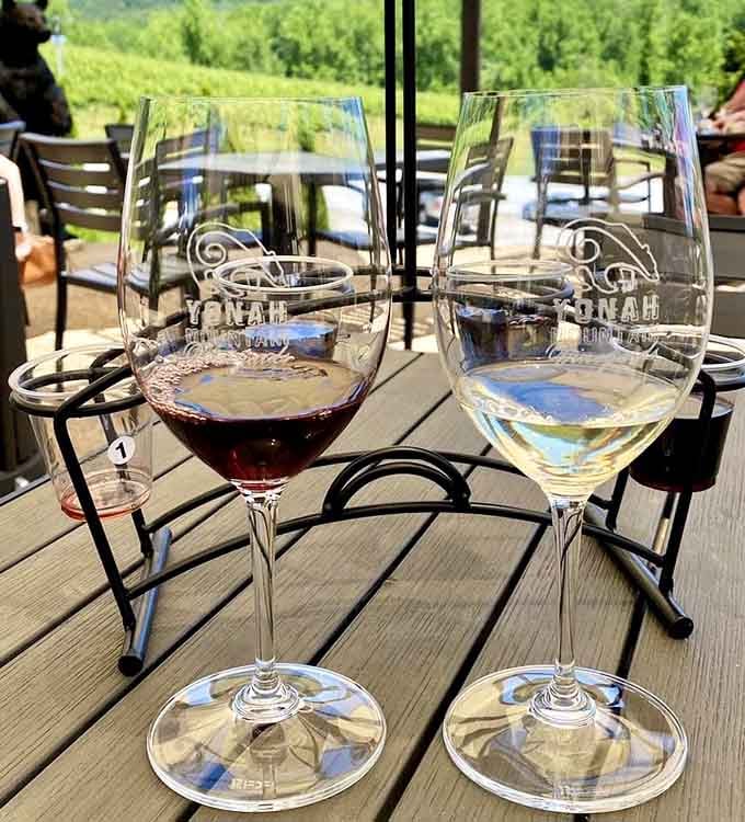 Red and white wines etched with the vineyard logo sitting side by side like old friends catching up.