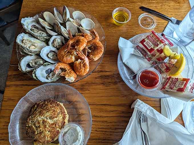 Oysters, shrimp, and that legendary crab cake create a seafood spread that could make a grown person weep.