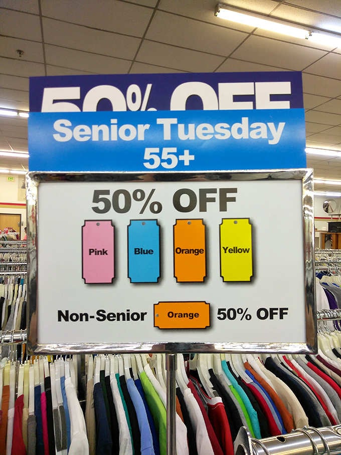 Color-coded discount tags make saving money easier than following a treasure map with giant, helpful arrows.