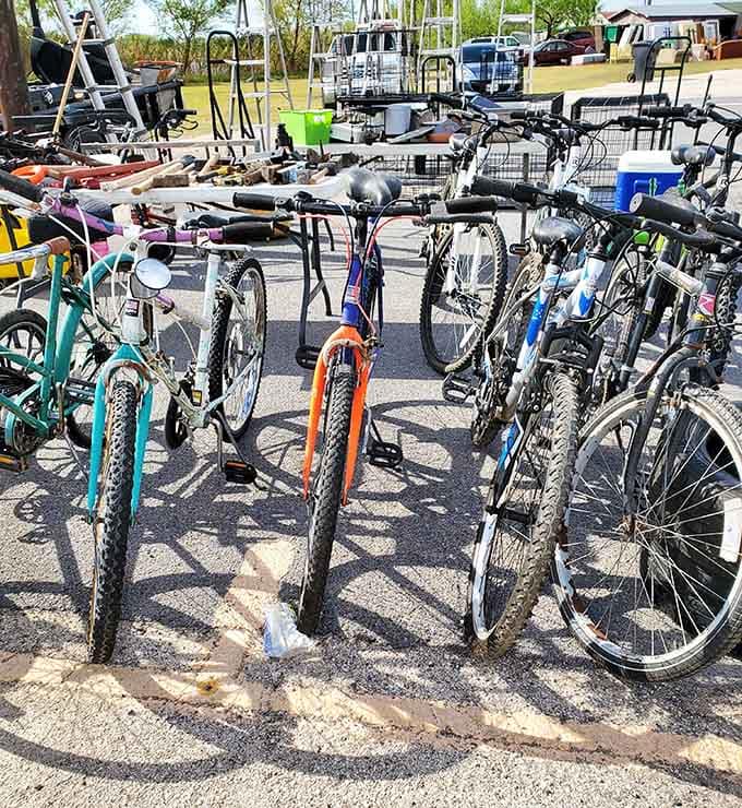Bicycles cluster together like a two-wheeled support group, each one ready to roll into someone's new life.