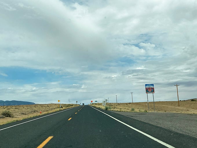 Those clouds gathering overhead just make the sign's colors pop even more dramatically against the Arizona sky.
