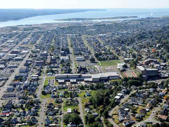 From above, Aberdeen spreads between forest and harbor&mdash;a real town where affordability isn't just a distant memory.