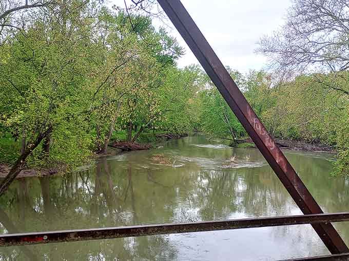 The creek meanders peacefully below, oblivious to the drama unfolding on the bridge above, just doing creek things.
