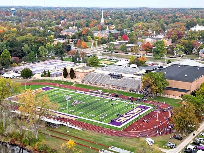 Albion's aerial view showcases the college campus and neighborhoods where affordability meets genuine quality of life beautifully.