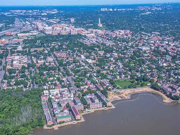 From above, Alexandria's waterfront neighborhoods spread along the Potomac like a perfectly planned community that actually worked out as intended.
