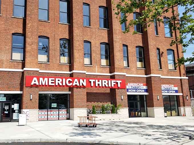 The brick building housing American Thrift Store stands proud, ready to welcome bargain hunters and treasure seekers through those welcoming doors.