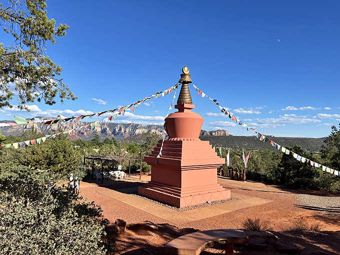 The Amitabha Stupa offers a peaceful moment of reflection surrounded by Sedona's breathtaking natural beauty and serenity.