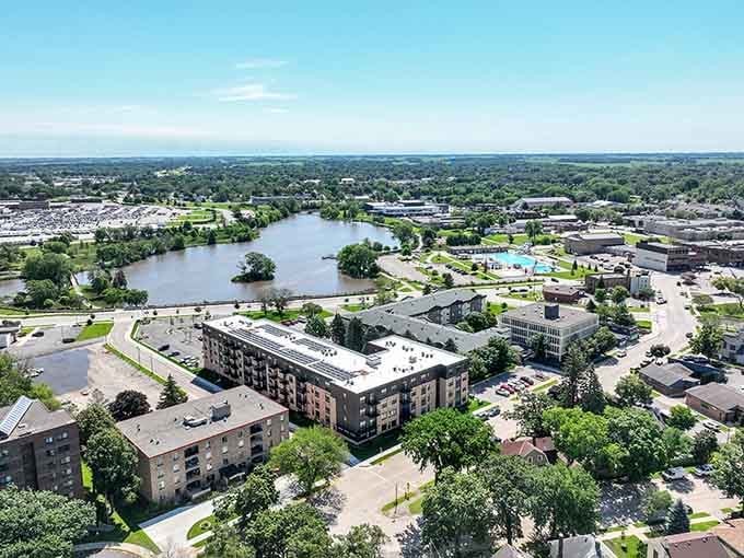 Austin's aerial view reveals the Cedar River winding through affordable neighborhoods where retirement dreams actually pencil out financially.