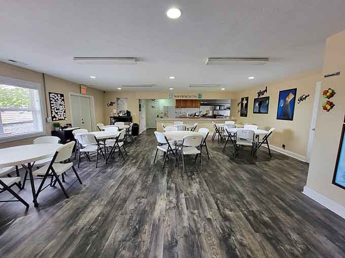 The gathering space provides shelter and comfort for groups seeking fellowship in this peaceful mountaintop sanctuary setting.