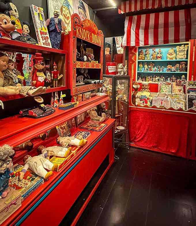 The carnival section bursts with nostalgic color, where vintage toys and circus memorabilia celebrate America's entertainment history perfectly.