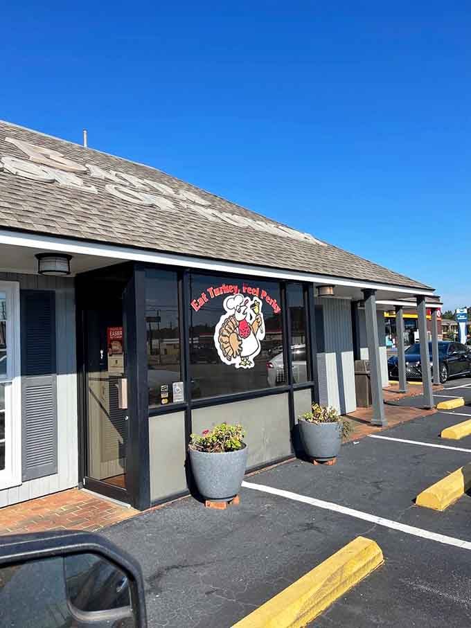 The cheerful turkey mascot on the window welcomes you to a place where poultry reigns supreme every single day.