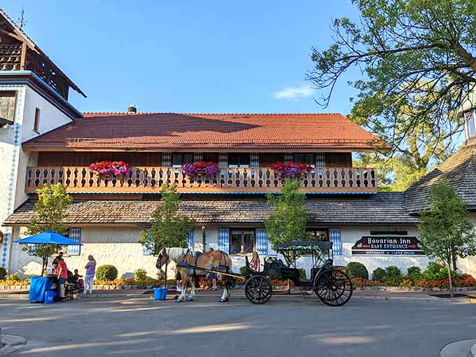 Horse-drawn carriages and flower boxes complete the storybook setting where Michigan successfully impersonates the German countryside.