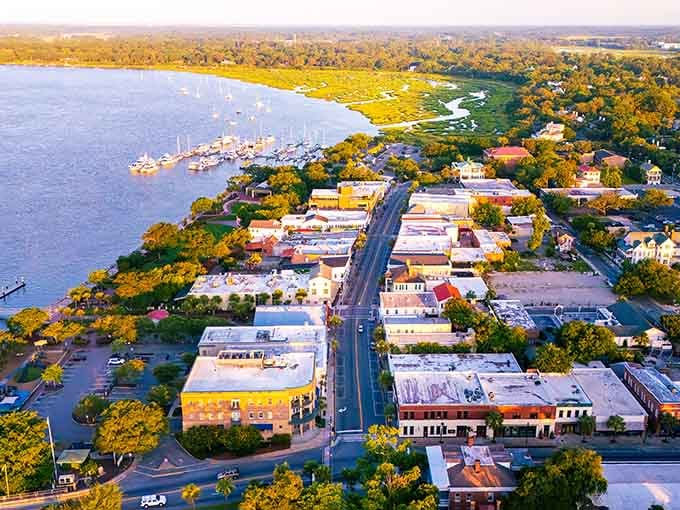 From above, the town looks like a watercolor painting where green marshes meet historic streets in perfect coastal harmony.