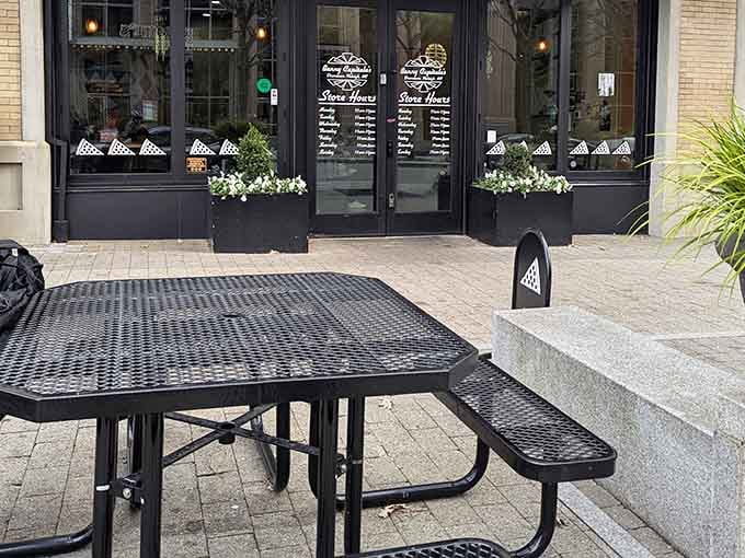 Outdoor seating for when you need fresh air between slices &ndash; strategic planning is everything, friends.
