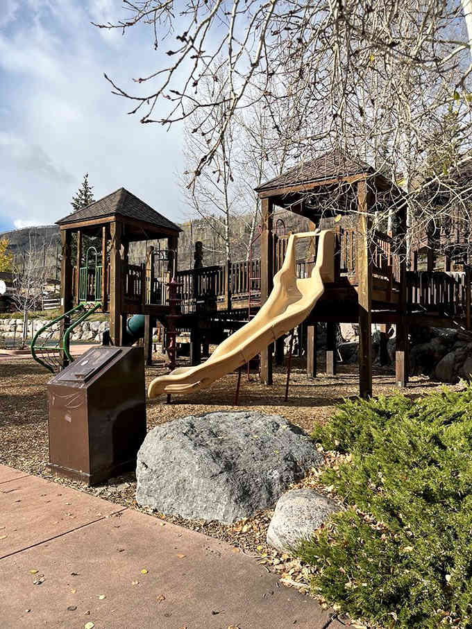 Even the playground gets mountain views, because why should adults have all the fun with spectacular scenery?