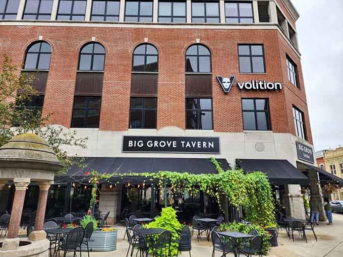 The storefront nestled beneath residential spaces shows how Big Grove Tavern fits perfectly into Champaign's downtown landscape.