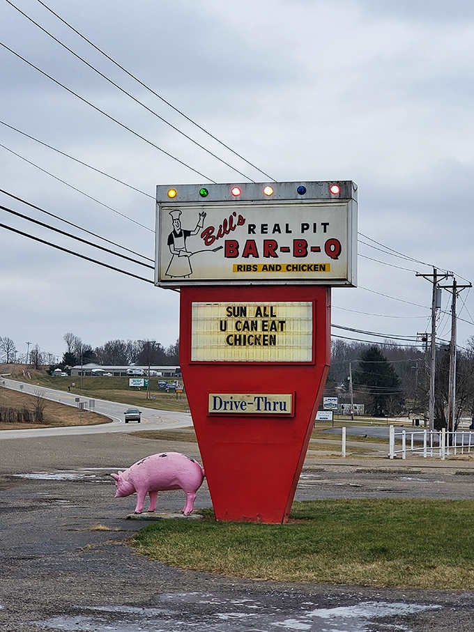 That pink pig statue has seen more hungry travelers find happiness than most landmarks could ever dream of.