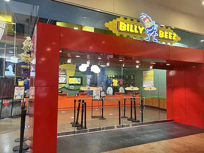 The bright red entrance that signals you've arrived at the place where childhood dreams come true, socks required.