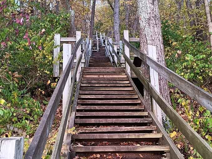 Wooden stairs lead adventurous souls to overlooks that reward the climb with breathtaking panoramas of river valley.
