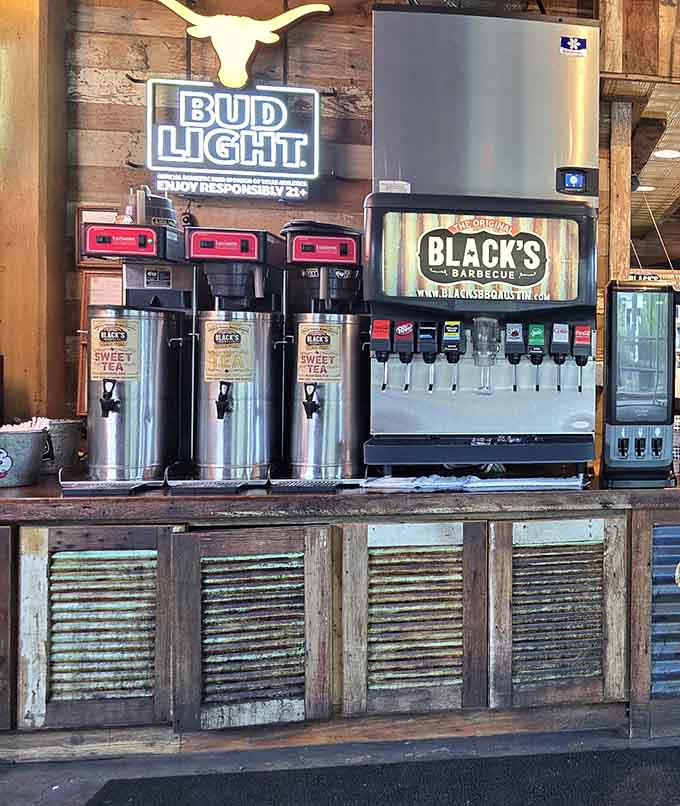 Sweet tea dispensers stand ready to provide the traditional Texas beverage that pairs perfectly with smoky meat.