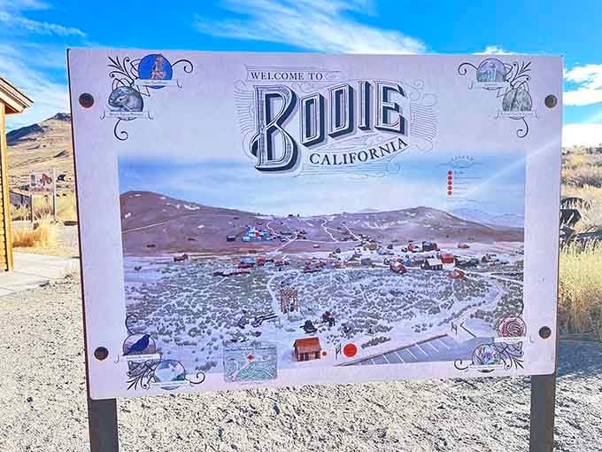 The welcome sign shows Bodie in its prime, a thriving community that's now just echoes and empty windows on windswept hills.