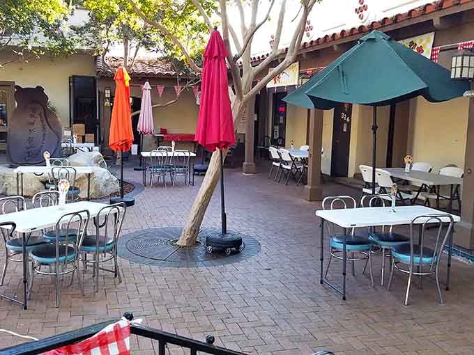 Outdoor patio seating under colorful umbrellas means you can enjoy your breakfast in the beautiful California sunshine and fresh air.