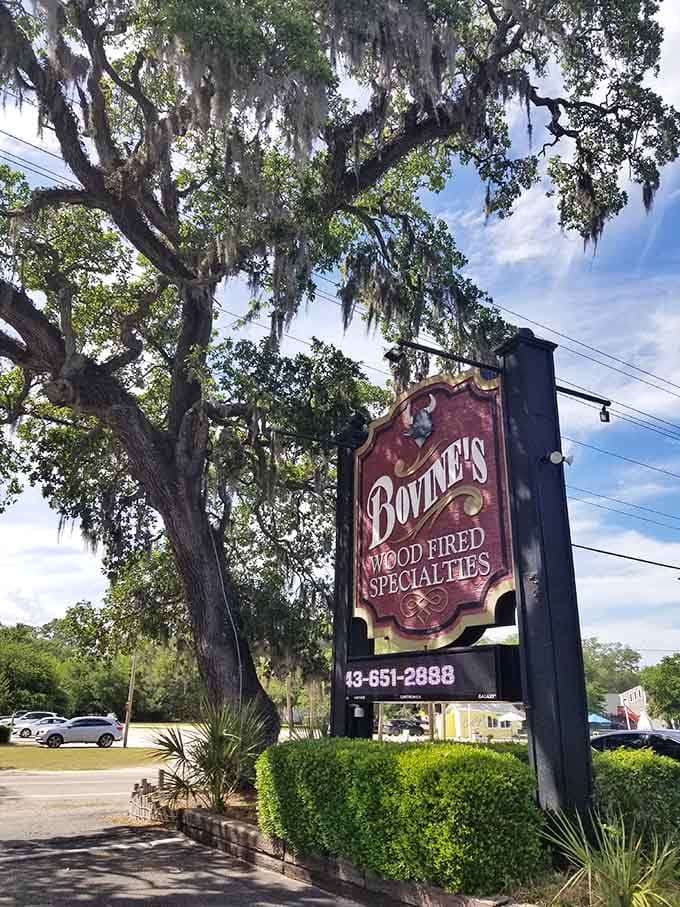 The sign promises wood-fired specialties and actually delivers, unlike most promises made by politicians and weather forecasters combined.