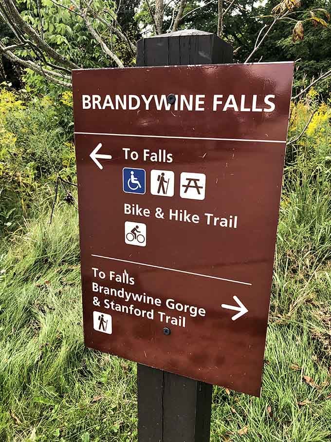 Clear signage points the way to the falls, because even natural wonders need a little wayfinding help.