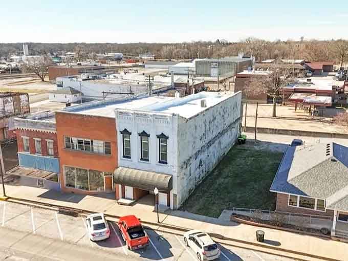 Aerial view reveals a compact, walkable town where everything's accessible without fighting traffic or parking fees.