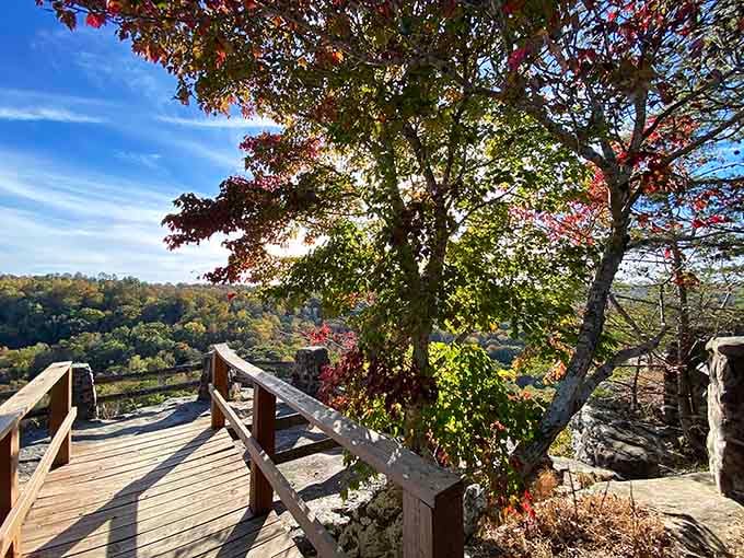Wooden overlooks perch on canyon edges, offering front-row seats to nature's greatest show without the ticket price.