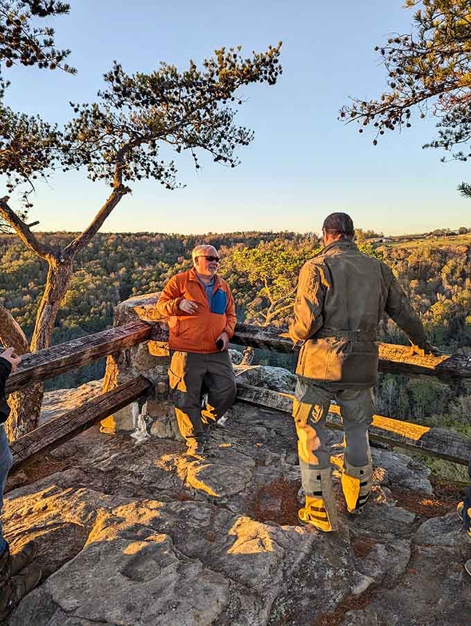 Golden hour conversations at the overlook, where the view does most of the talking and everyone's perfectly fine with that.