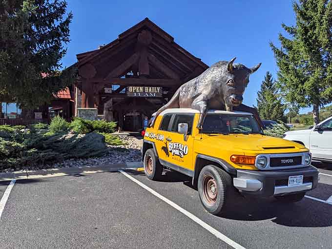 A life-sized buffalo riding shotgun on a yellow truck perfectly captures the playful spirit waiting inside these doors.