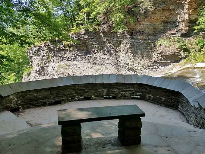 A stone overlook with bench provides the ideal spot for contemplation, or just catching your breath after those stairs.